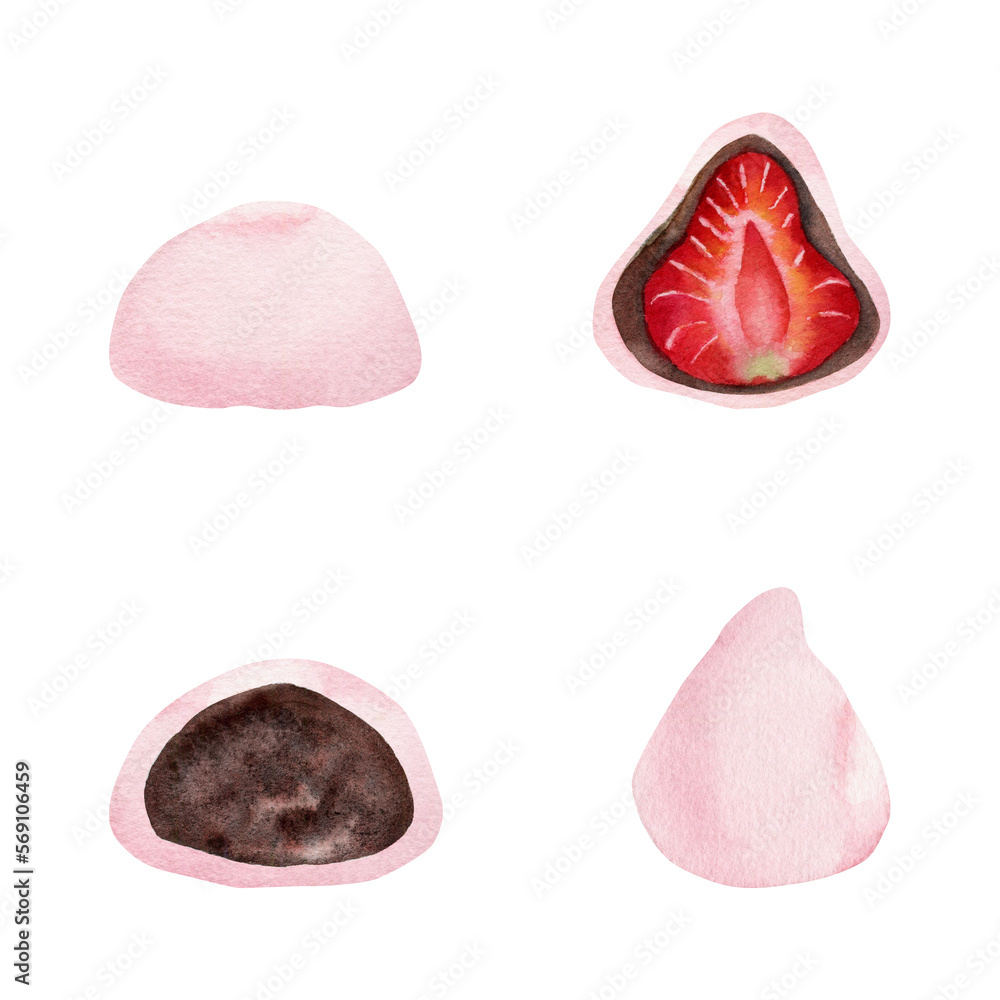 Watercolor hand drawn traditional Japanese sweets. Spring wagashi ...