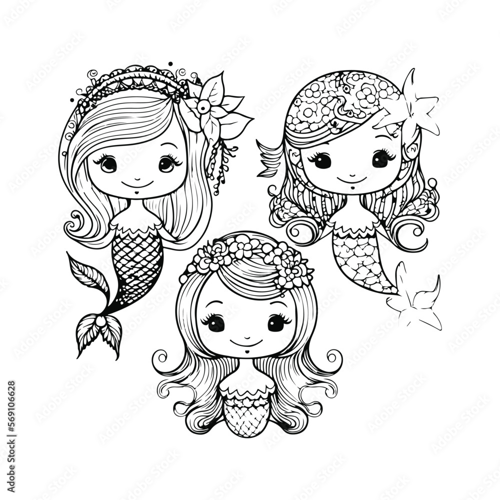Vector set of cute mermaid for kids coloring book illustration hand ...