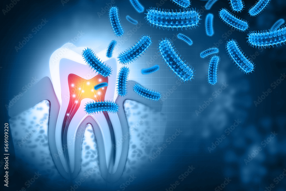 Microscopic bacterias and viruses around tooth. Hygiene medical concept ...