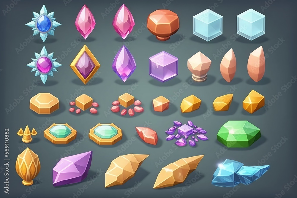 Sets of Crystal Gems Stones Gaming Currency Sprite Sheet. Generative AI ...