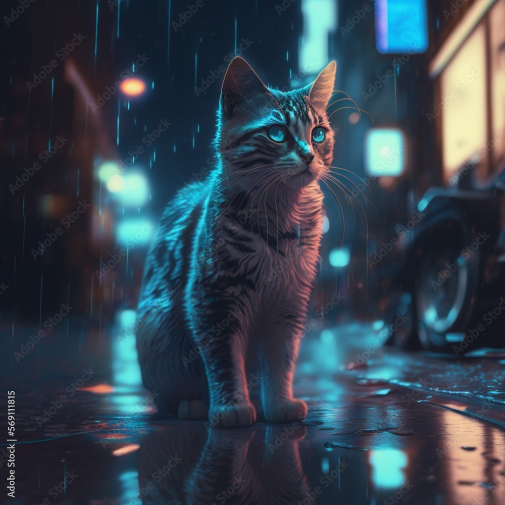a cat with a human-like body at night, 8k, hd, futuristic, neon ...