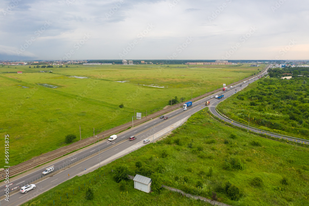 Aerial view of A3 Highway motorway road cross with city ring road ...