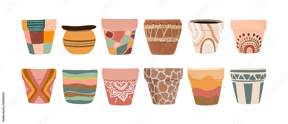Set of ceramic flower pots with different stylish decoration. Hand made ... Set of ceramic flower pots with different stylish decoration. Hand made ...