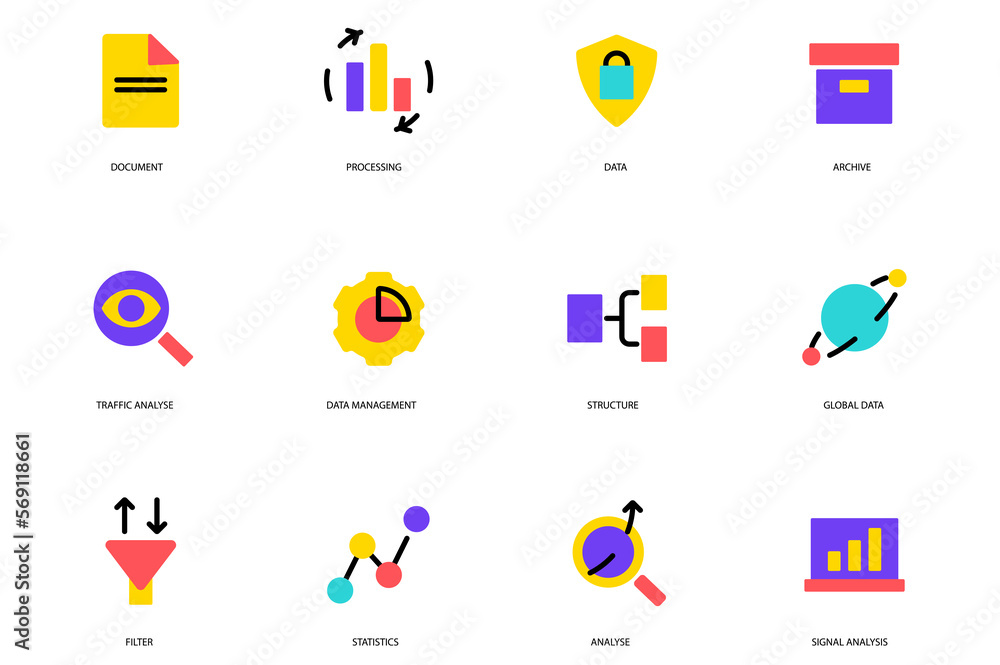 Data Analysis set of flat icons concept in the flat cartoon design ...