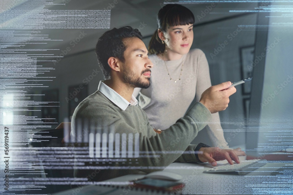 Business people, coding with partnership and information technology ...