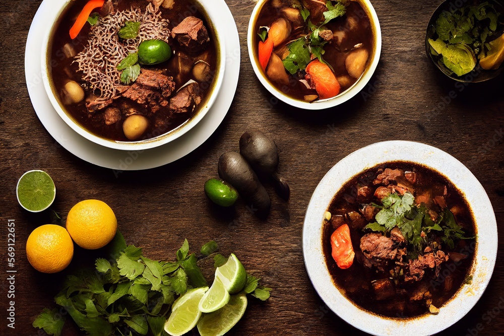 brazilian feijoada, top view of traditional brazil food with pork meat ...