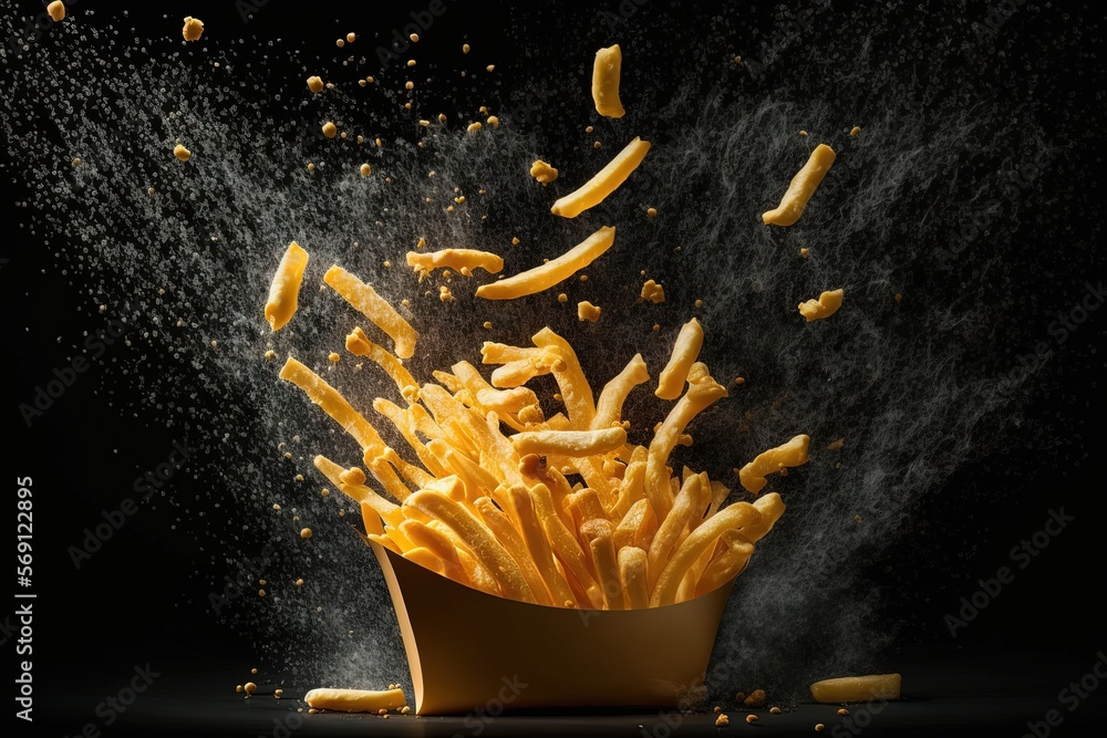 French fries explode flying in the air isolated on black background ...