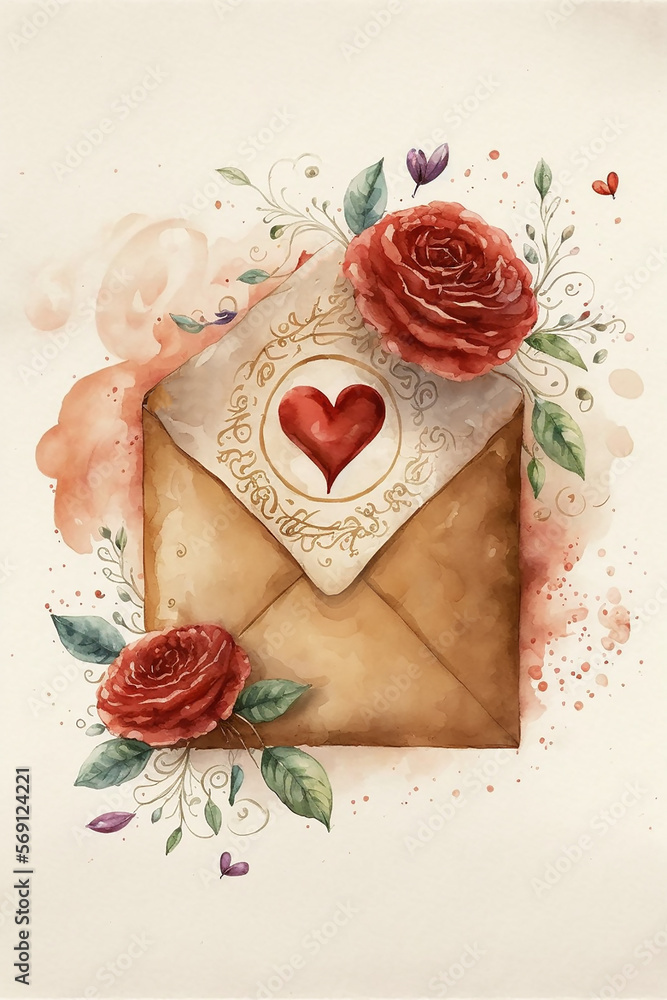 Vintage paper envelope with heart decorated with roses and branches ...