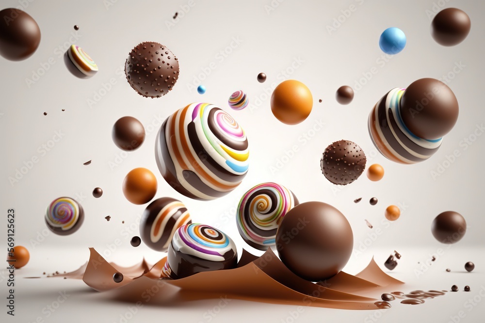 a group of chocolate balls floating in the air with a lot of other ...