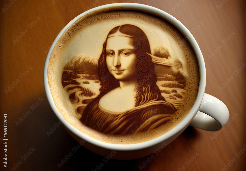 Mona Lisa latte art in coffee cup. Generative AI illustration Stock ...