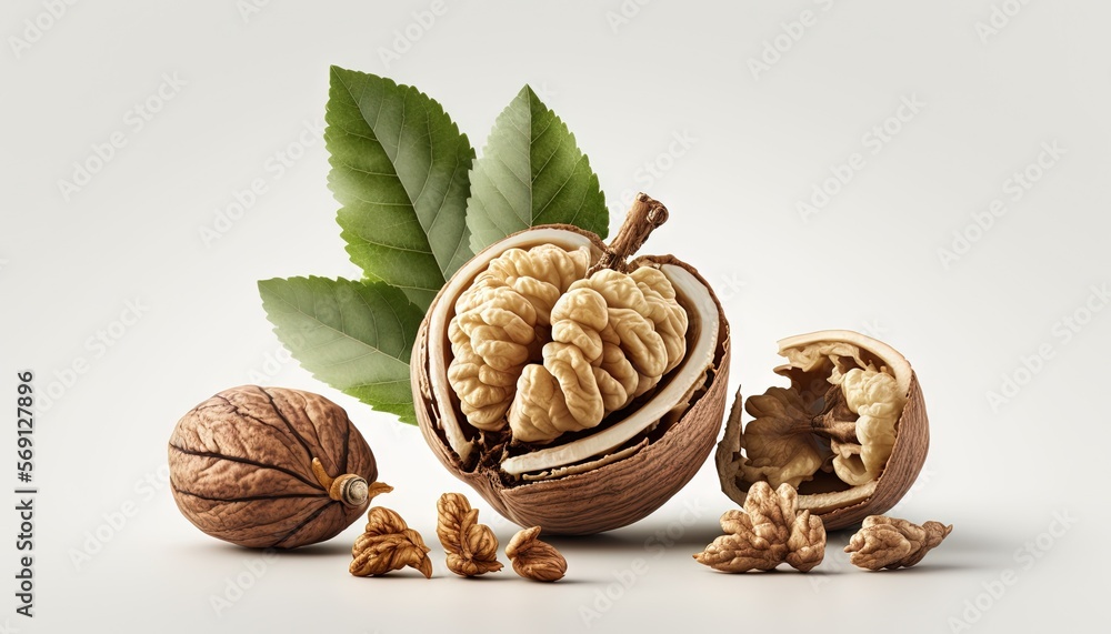 walnuts and walnut kernels with leaves on a white background with copy ...