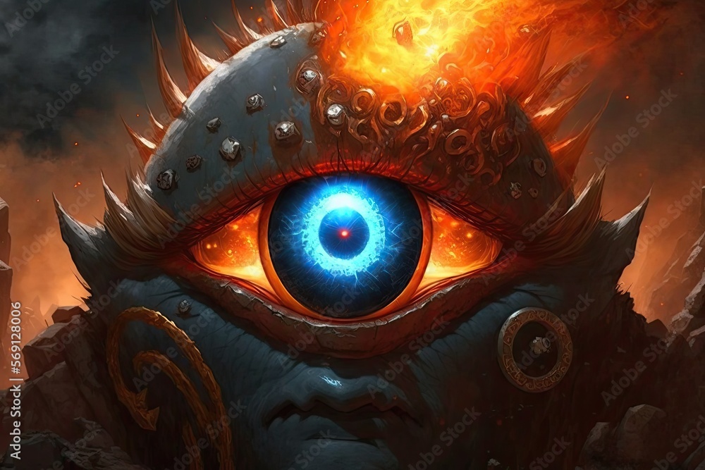 A cyclop with a single, blazing eye, who crafts powerful weapons for ...