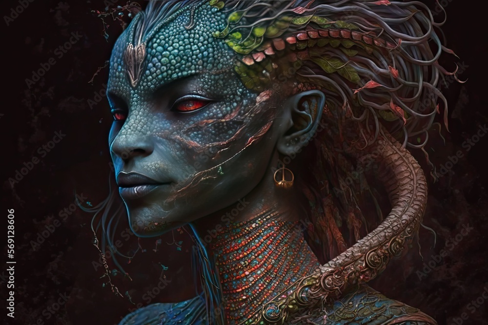 A naga with a serpentine body covered in iridescent scales and a human ...