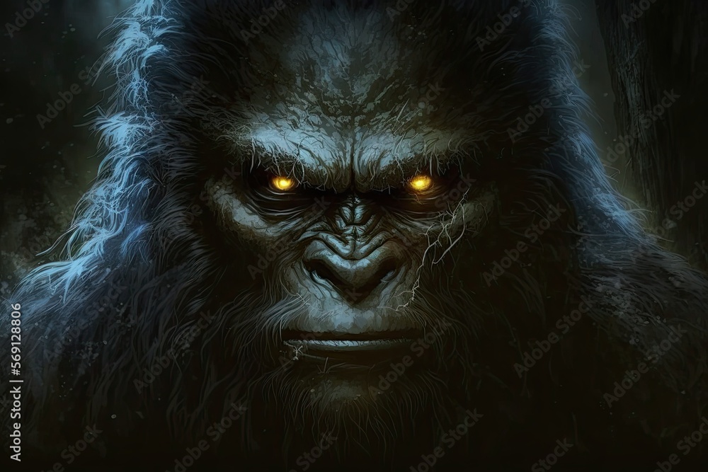 A sasquatch with fur as black as coal and eyes that gleam like diamonds ...