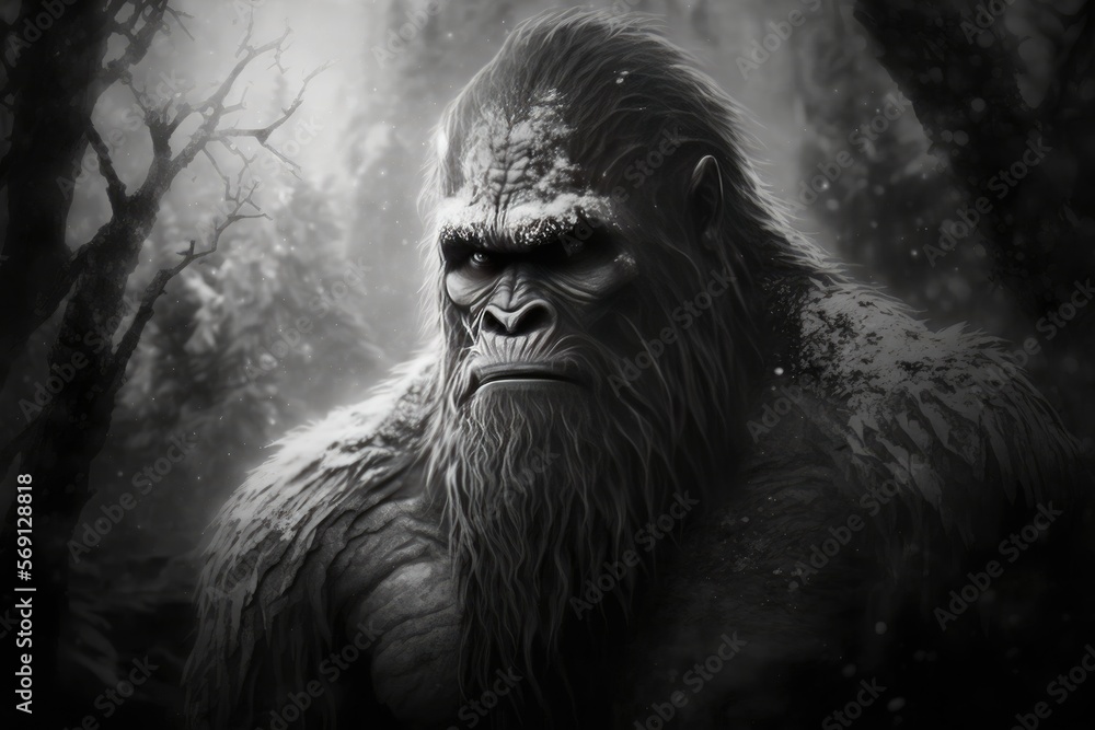 A sasquatch with fur as black as coal and eyes that gleam like diamonds ...