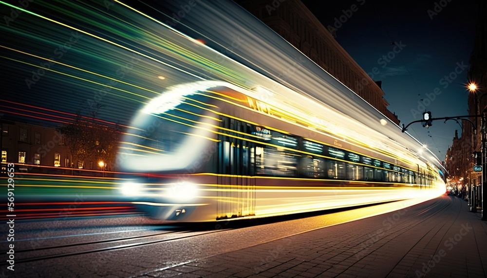a train is moving along a city street at night with long exposures of ...