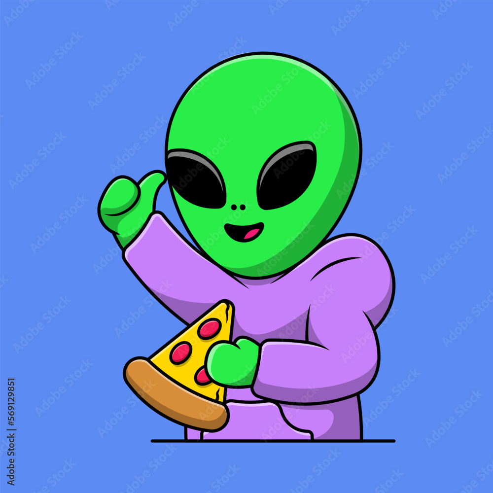 Cute Alien Wearing Hoodie And Holding Pizza Cartoon Vector Icons ...