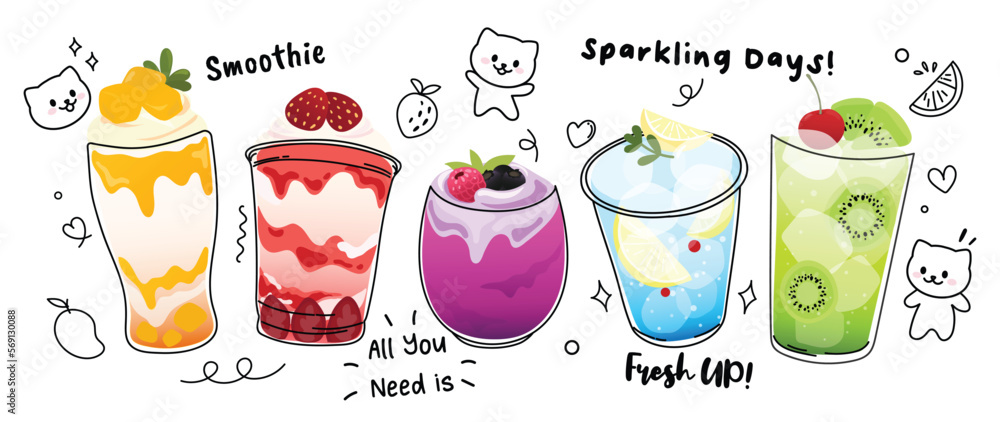 Fresh smoothies and sparkling drinks design with cute doodle decoration ...