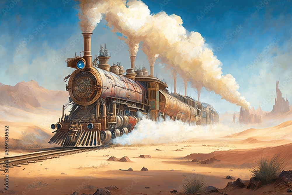 Steam-powered trains crossing vast deserts steampunk style painting ...