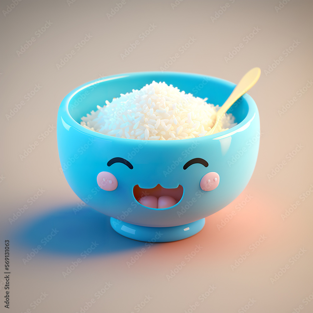 Cute Cartoon Bowl of rice character, generative ai Stock Illustration ...