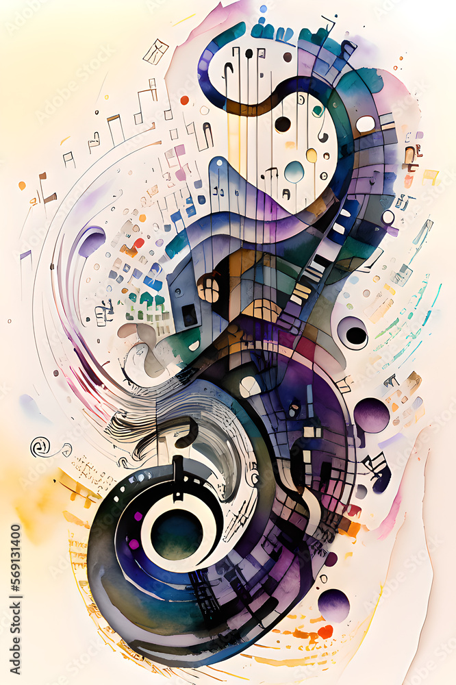 Treble clef, music notes sheet, watercolour, Morse code, abstract art ...