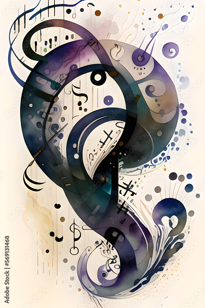 Treble clef, music notes sheet, watercolour, Morse code, abstract art ...