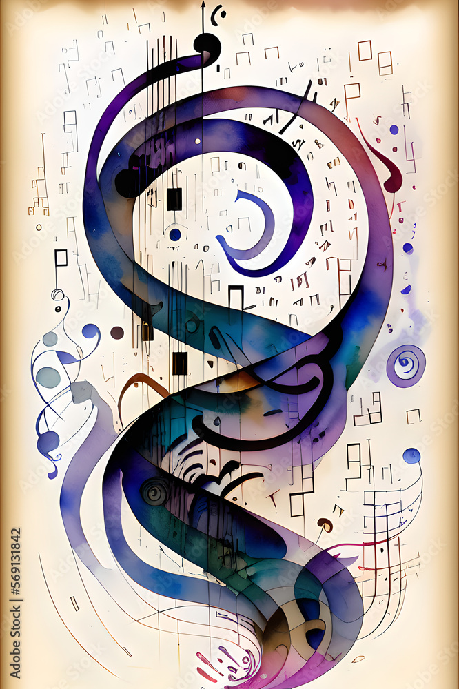 Treble clef, music notes sheet, watercolour, Morse code, abstract art ...