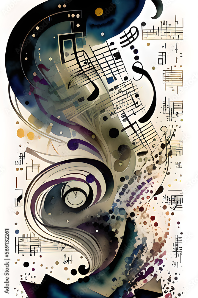 Treble clef, music notes sheet, watercolour, Morse code, abstract art ...