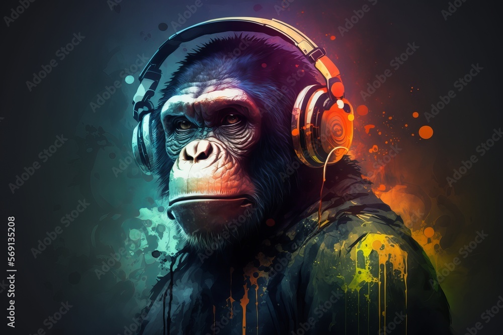 chimpanzee dj with headphones RGB 4k | Created With Generative AI Stock ...