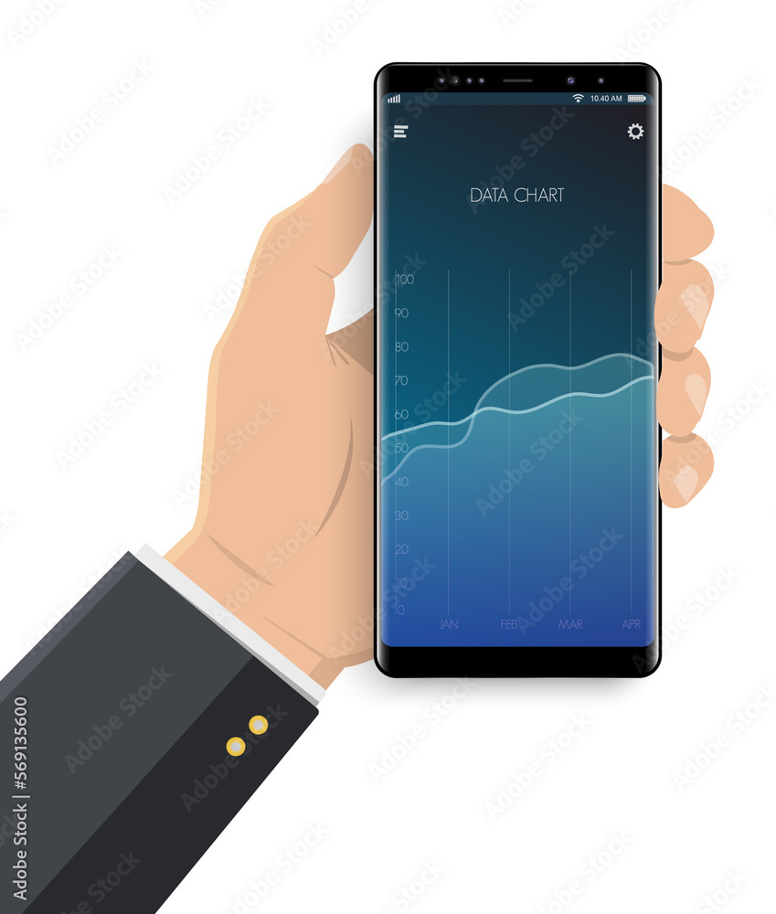 Hand holds smartphone. Market trend analysis on smartphone with line ...