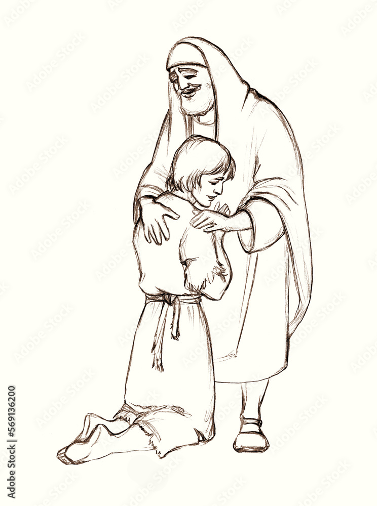 Pencil drawing. Father hugging the prodigal son Stock Illustration ...