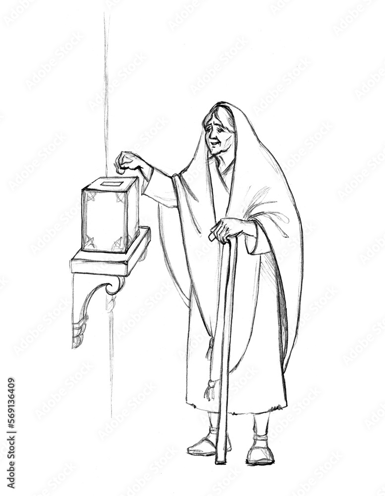 Pencil drawing. The poor widow put 2 mites in the treasury Stock ...