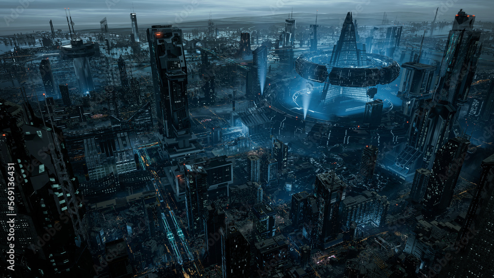 Future city skyline 3D scene. Futuristic cityscape creative concept ...