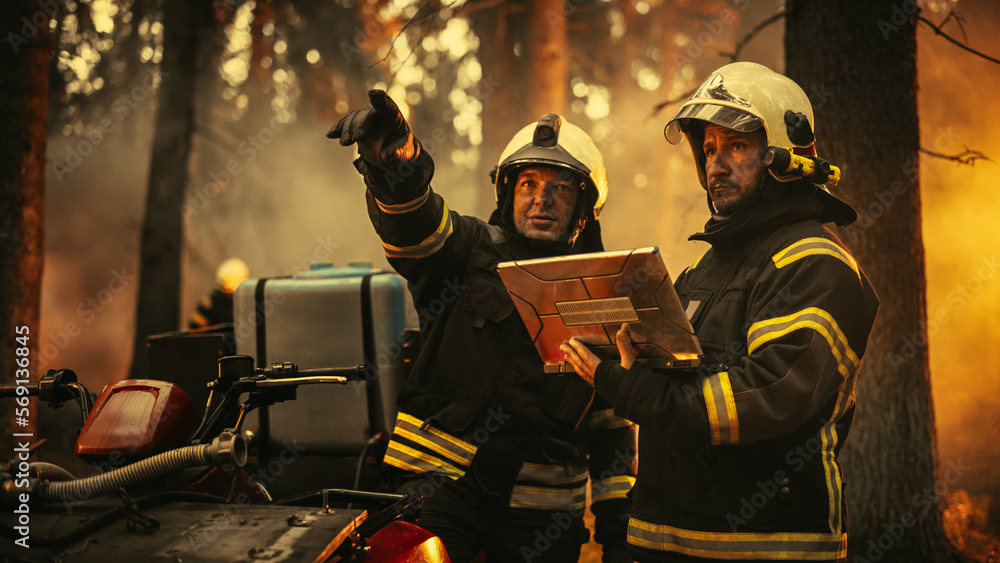 Foto de Portrait of Two Professional Firefighters Standing Next to an ...