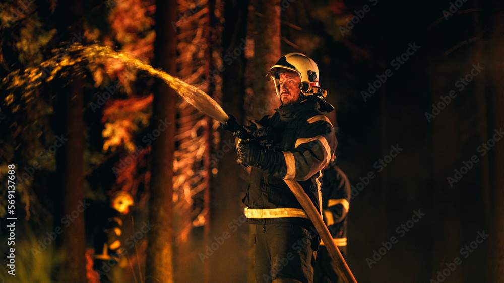 Experienced Firefighter Extinguishing a Wildland Fire Deep in a Smoke ...