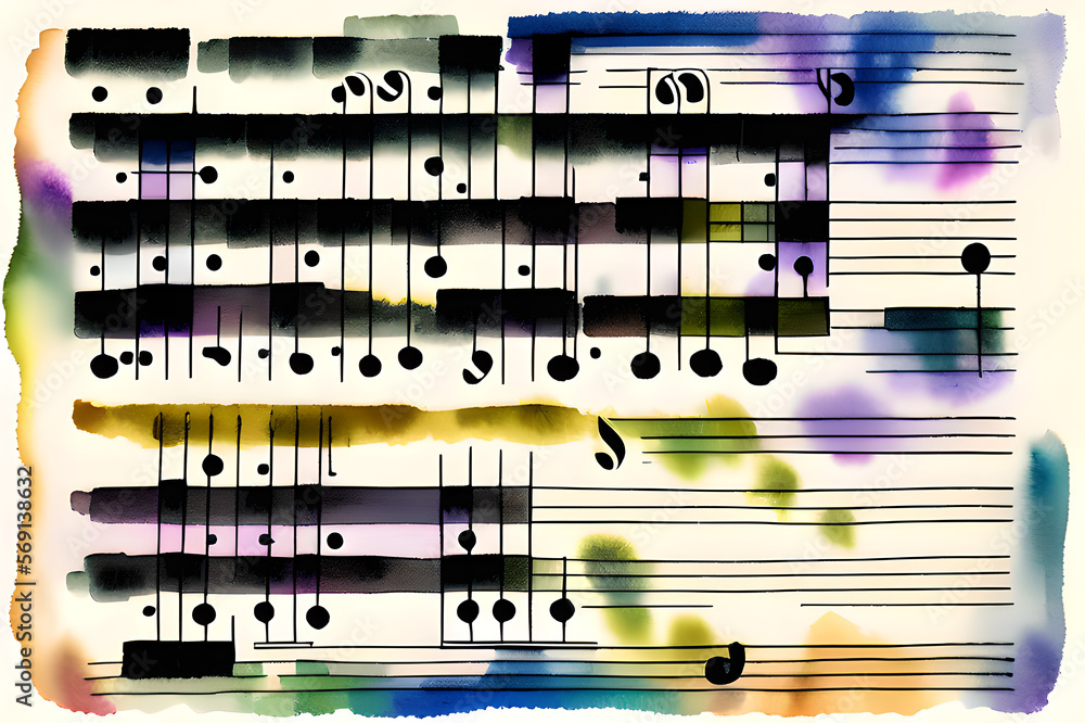 Treble clef, music notes sheet, watercolour, Morse code, abstract art ...