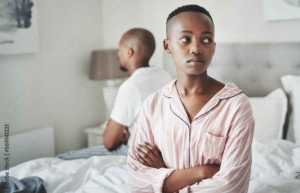 Mental health, depression and marriage, black couple on bed in home ...