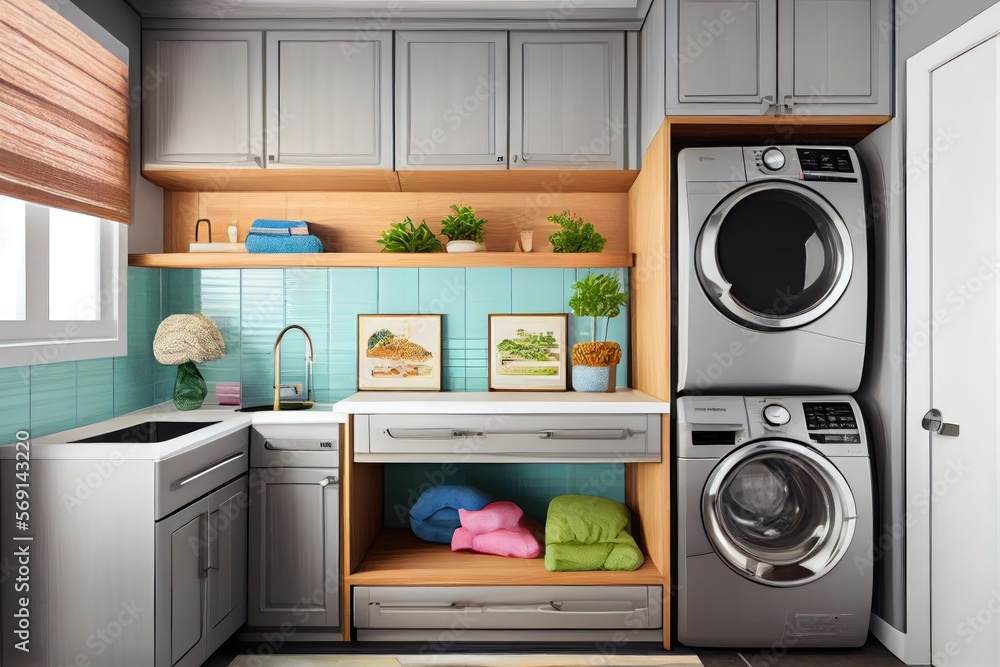 Modern laundry room, with modern colors, wood, two washing machines ...