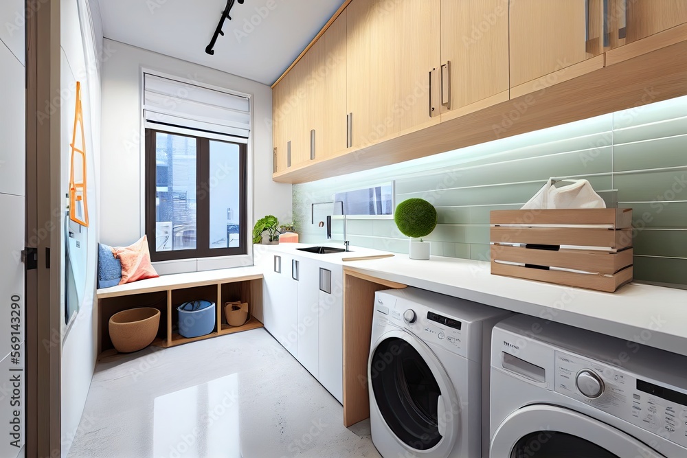 Modern laundry room, with modern colors, wood, two washing machines ...