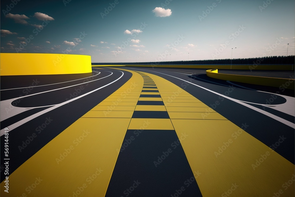Ideal empty race track, with yellow markings, beautiful scenic ...