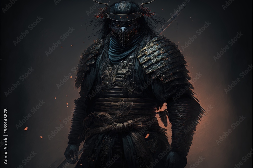 standing dark samurai, high resolution, unusual armor, bright light on ...