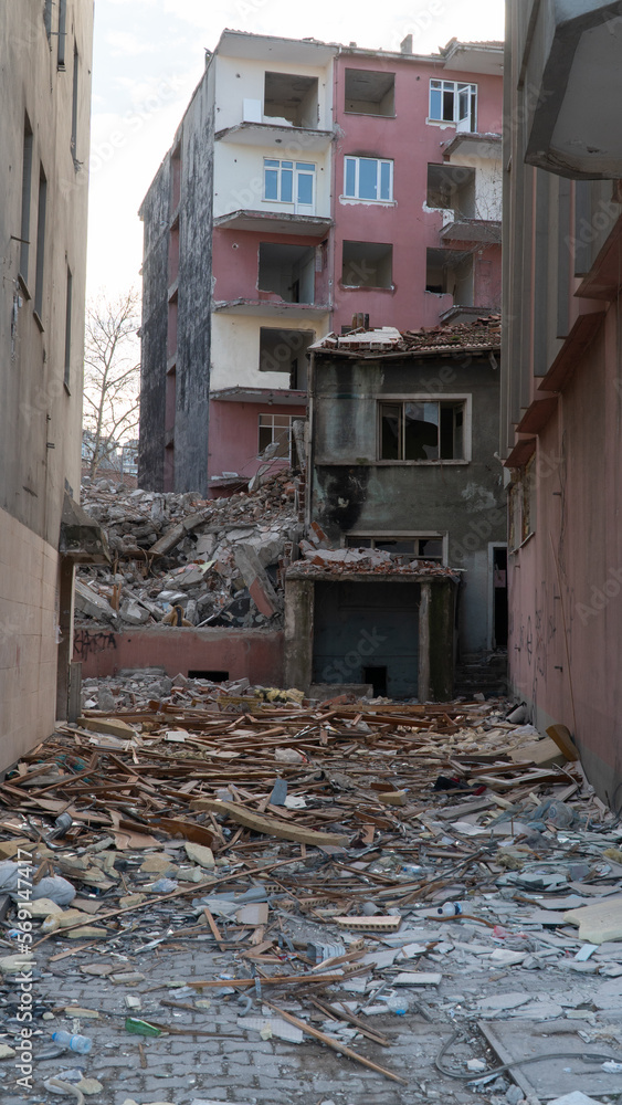 Earthquake damage in a city. Destroyed buildings after an earthquake ...