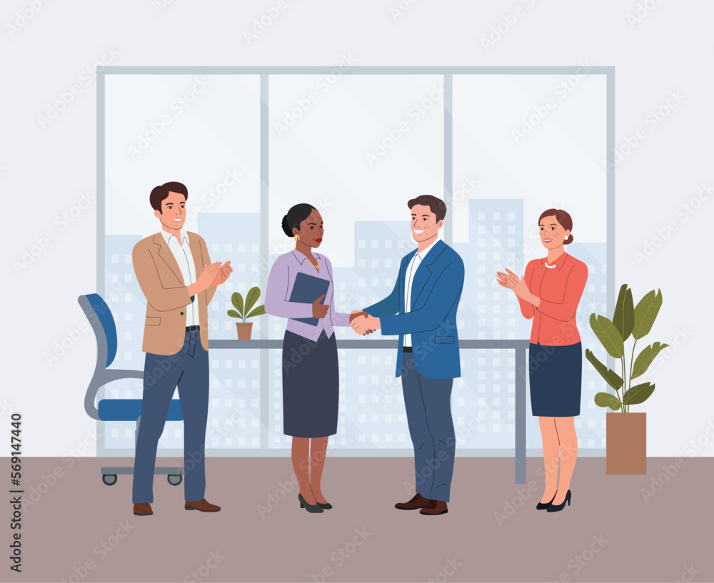 Young man and Black woman shake hands in the office. Male handshake of ...