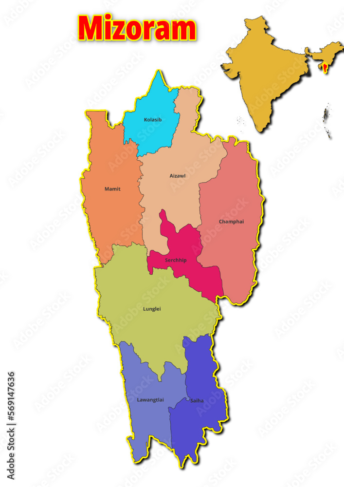 Vecteur Stock Map of Mizoram State with names of regions. Vector ...
