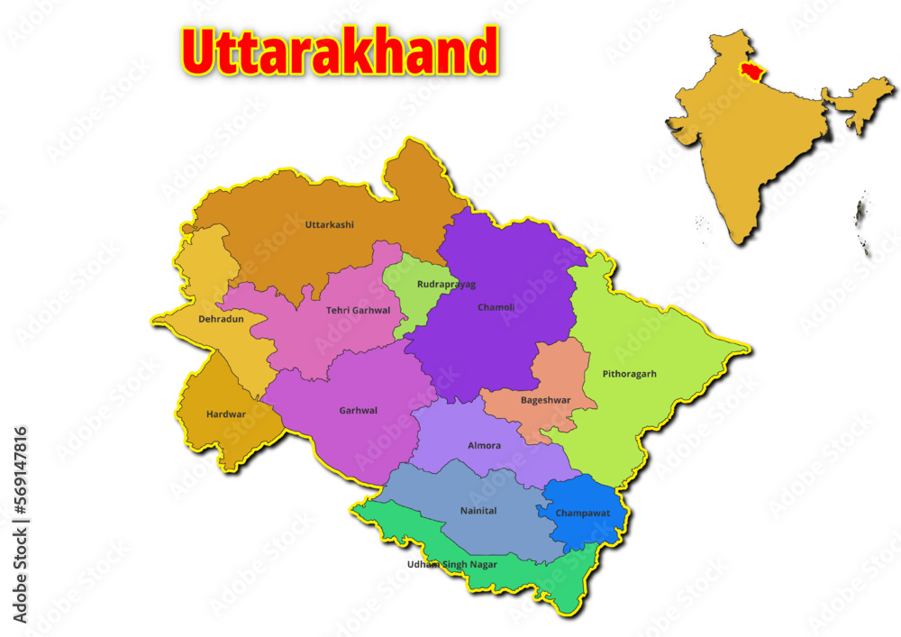 Vektorová grafika „Map of Uttarakhand State with names of regions ...