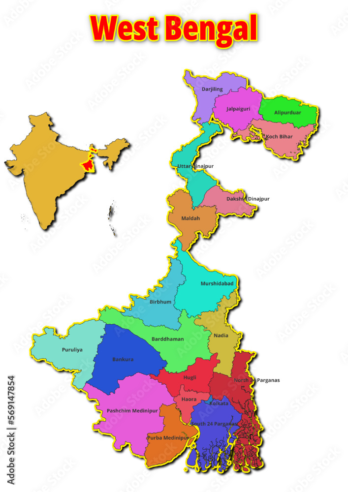 Poster Map of West Bengal State with names of regions – Wall Art ...