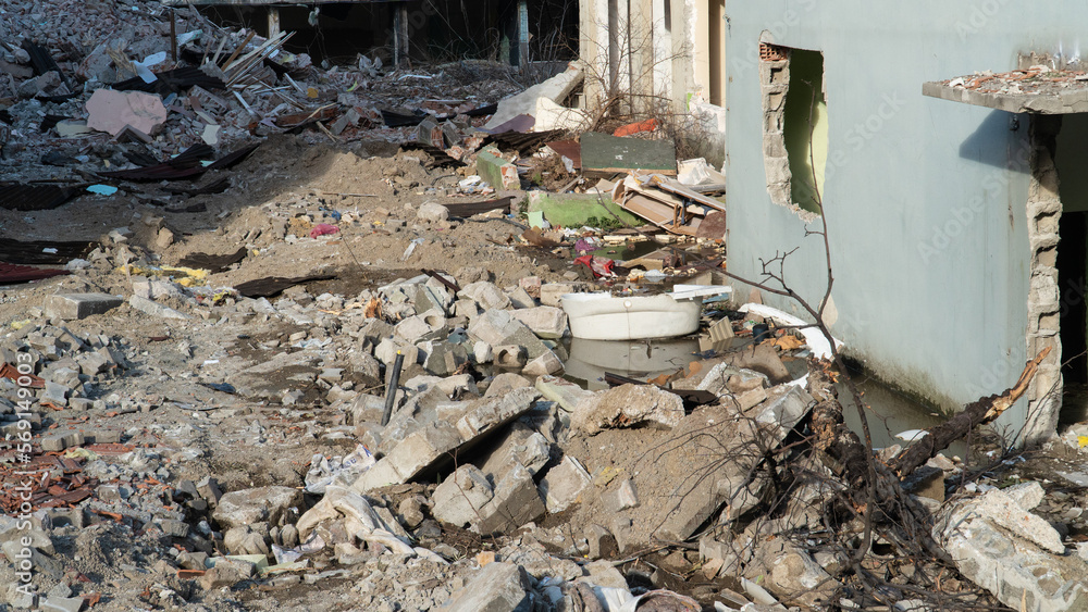 Destroyed city because of war. Buildings damaged by an enemy aircraft ...