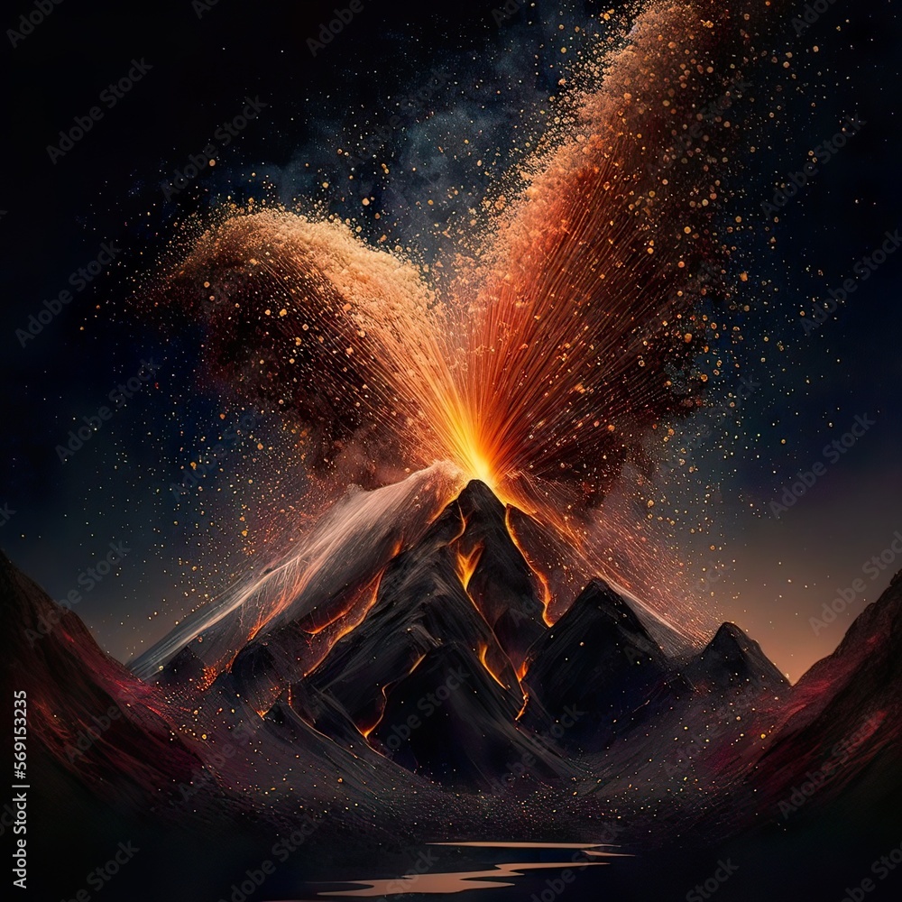 Night abstract landscape of the eruption of a large volcano, explosion ...