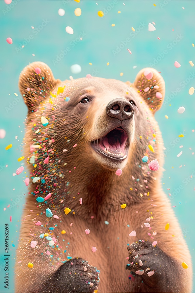 Illustrated animal party concept, big brown bear having fun and dancing ...