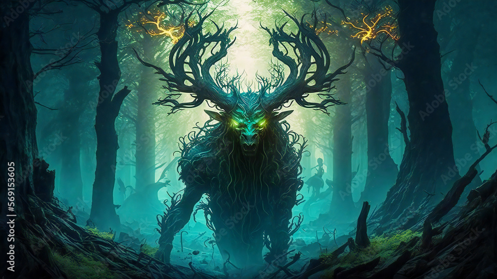 Monsters, spirits, and guardian deities in a mystical forest, digitally ...